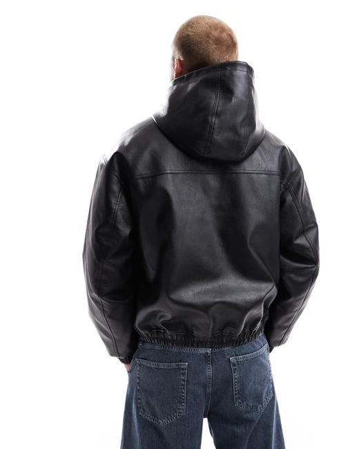 Bershka Boxy Fit Faux Leather Jacket With Hood in Blue for Men | Lyst