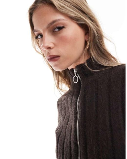 Brave Soul Zip Front Ribbed Jumper in Black | Lyst UK