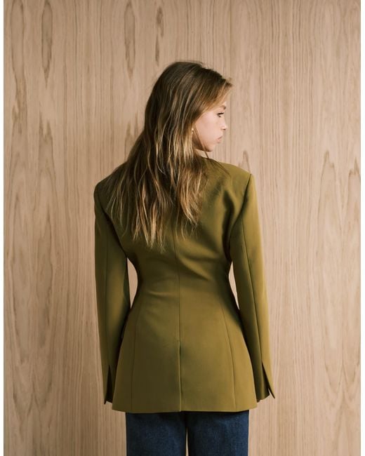 ASOS Cinch High Break Point Collarless Blazer in Green | Lyst