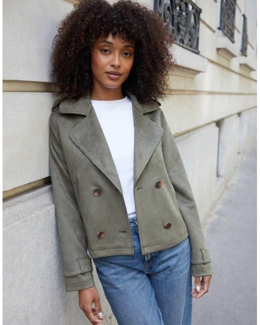 Threadbare Suedette Cropped Trench Coat in Grey | Lyst UK