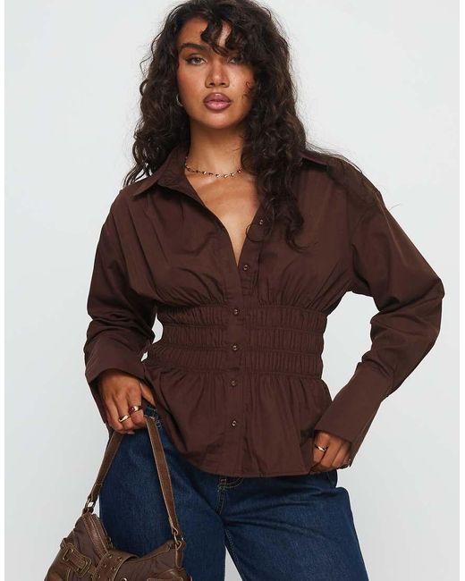 Princess Polly As You Are Shirred Waist Button Up Shirt in Brown | Lyst UK