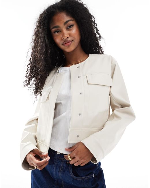 ASOS Cropped Collarless Leather Look Jacket in White | Lyst
