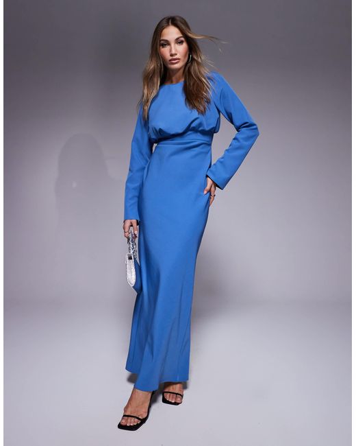 ASOS Structured Long Sleeve Maxi Dress With Ruched Bust in Blue | Lyst