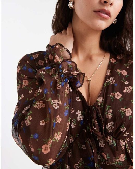 New Look V Neck Chiffon Midi Dress in Brown | Lyst UK