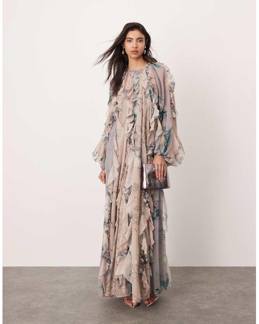 ASOS Raw Edge Ruffle Maxi Dress With Balloon Sleeve in Natural | Lyst UK