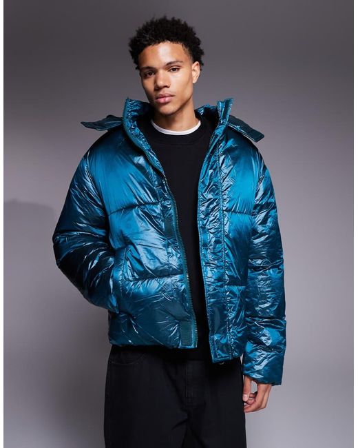 ASOS High Shine Puffer Jacket in Blue for Men | Lyst UK