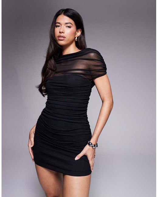 ASOS Draped Shoulder Mesh Mini Dress With Ruching in Black | Lyst UK