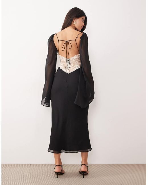 ASOS Lace Applique Chiffon Mix Draped Sleeve Midi Dress in Natural | Lyst
