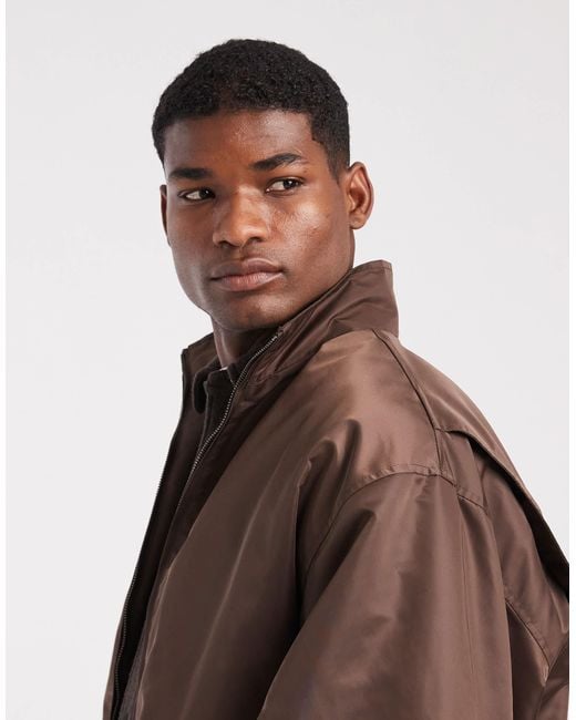 ASOS Oversized Bomber Jacket With Funnel Neck in Brown for Men | Lyst