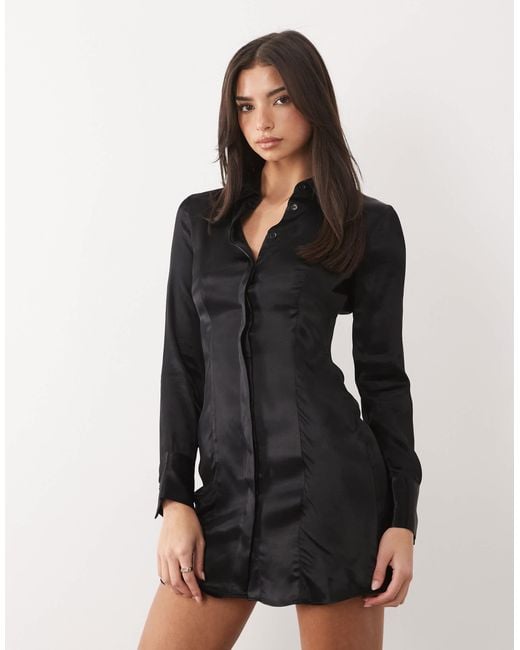 ASOS Fitted Satin Shirt Dress in Black | Lyst