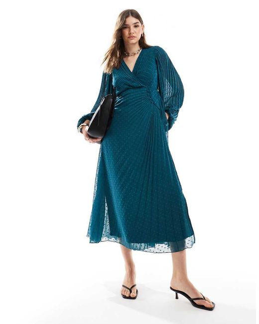 ASOS Pleated Dobby Chiffon Wrap Button Detail Maxi Dress in Blue | Lyst UK