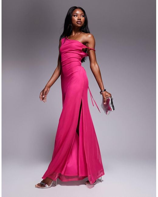 ASOS Twist Shoulder With Lace Up Back Mesh Maxi Dress in Pink | Lyst