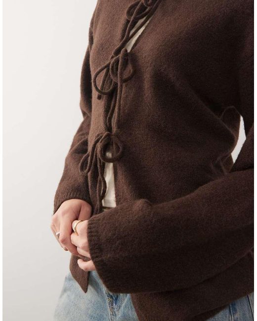 Monki Knit Bow Tie Up Cardigan in Brown | Lyst UK