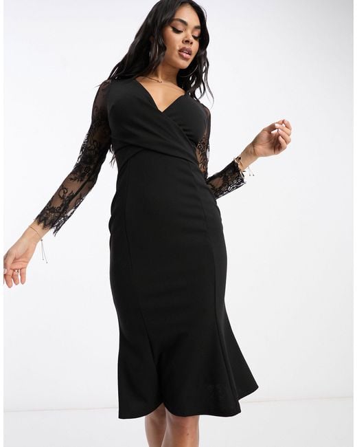 Lipsy Wrap Midi Dress With Lace Detail in Black | Lyst