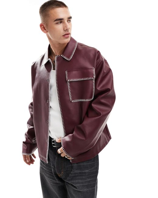 ASOS Faux Leather Harrington Jacket With Contrast Stich in Red for Men ...