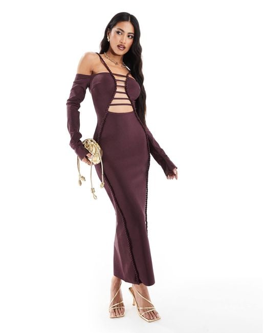ASOS Bardot Bandage Midi Dress With Knotted Lattice Detailing in Purple | Lyst