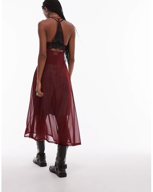 ASOS Sheer Mesh Maxi Slip Dress in Red | Lyst