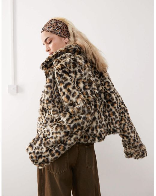 Collusion Leopard Print Faux Fur Trucker Jacket in Brown | Lyst