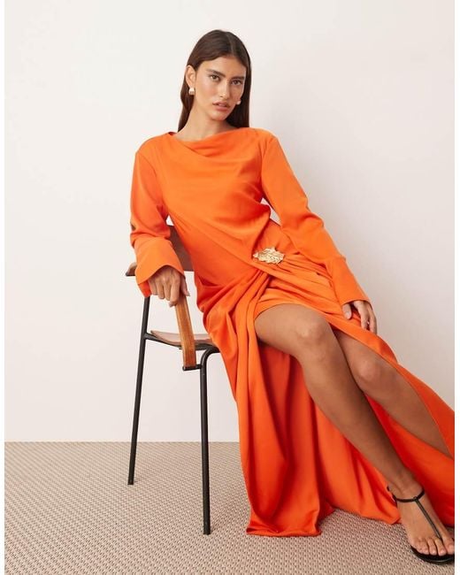 ARRANGE Long Sleeve Drape Maxi Dress With Molten Metal Trim in Orange | Lyst UK