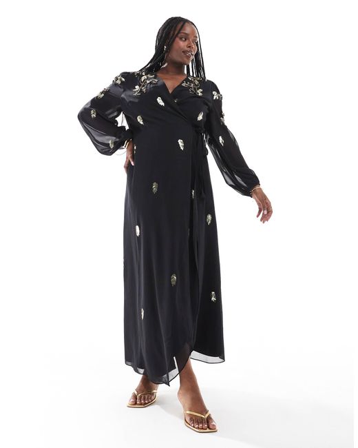 Hope & Ivy Plus Wrap Front Maxi Dress With Gold Embellishment in Black ...