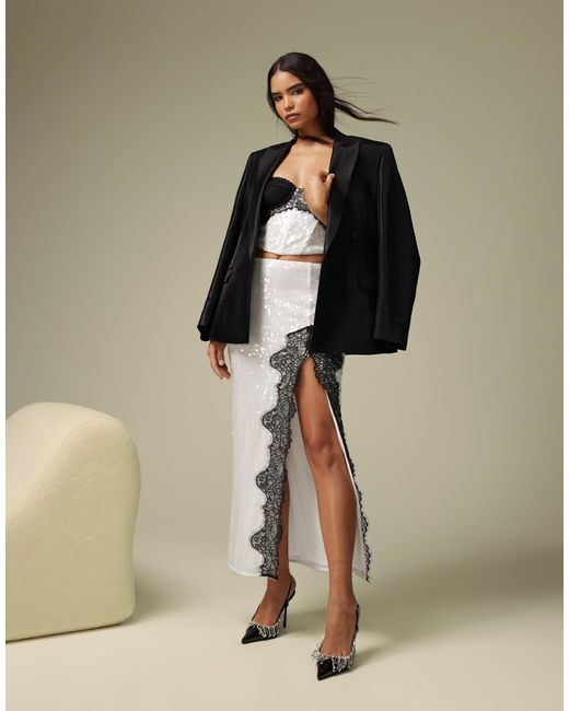 ASOS Co-ord Sequin Midi Skirt With Lace Split Detail in Natural | Lyst