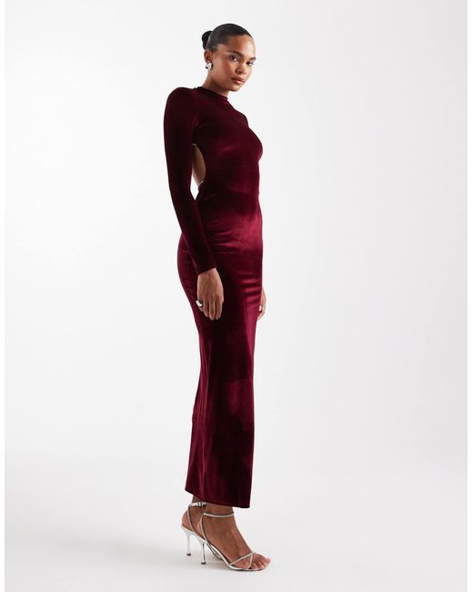 ASOS Velvet Long Sleeve Maxi Dress With Open Back Embellishment in Red ...