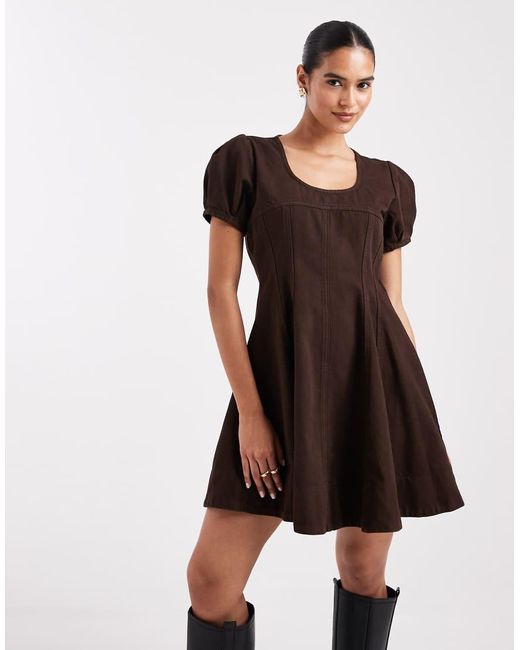 ASOS Denim Seamed Mini Dress in Brown | Lyst UK
