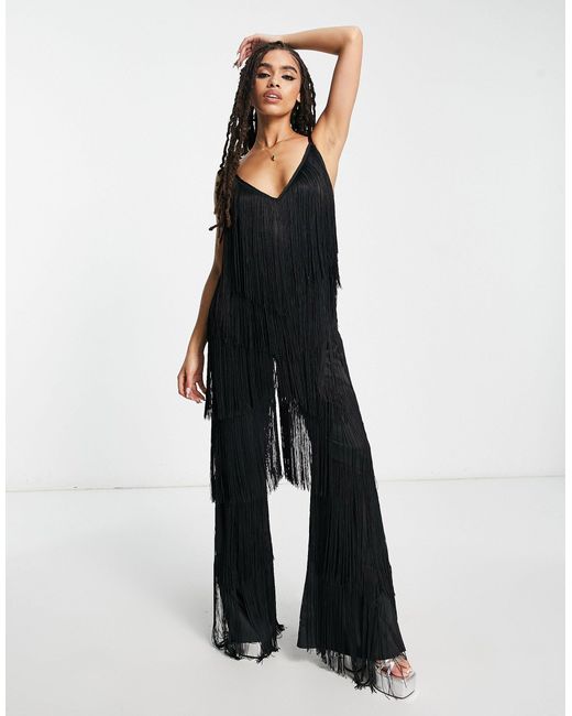 Asos Fringe Cami Jumpsuit In Black Lyst
