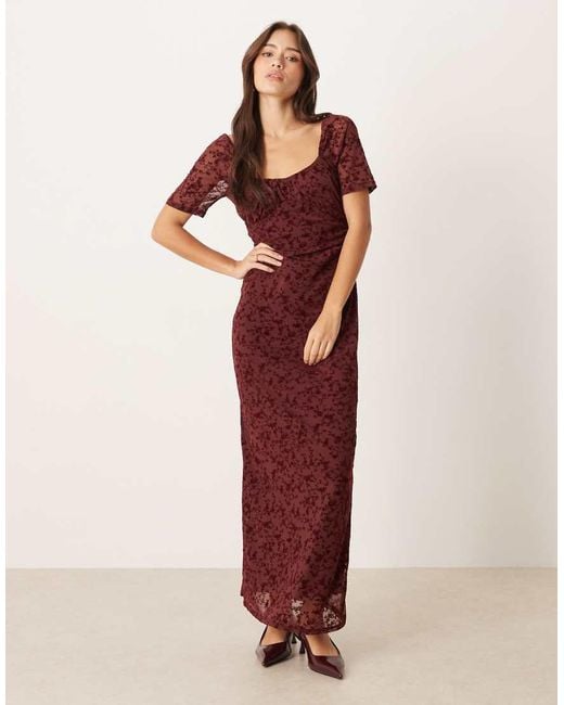 ASOS Lace Devore Puff Sleeve Midi Tea Dress in Red | Lyst UK