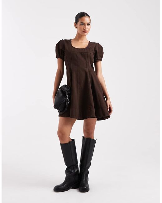 ASOS Denim Seamed Mini Dress in Brown | Lyst UK