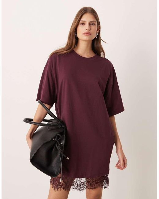 ASOS Oversized Mini Dress With Lace Hem Trim in Purple | Lyst UK