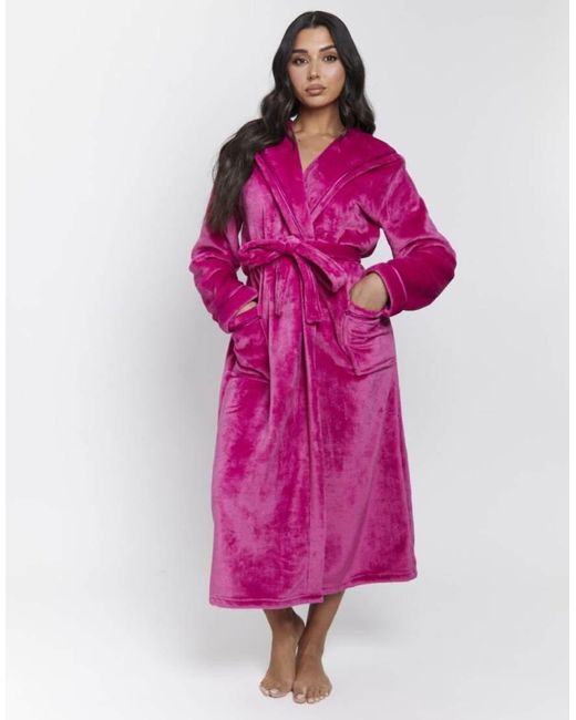Loungeable Ribbon Trim Luxury Fleece Hooded Maxi Dressing Gown in Pink ...