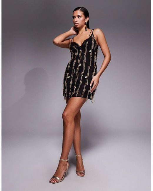 ASOS Brooch Embellished Mini Dress With Sheer Lace Lining in Grey | Lyst UK