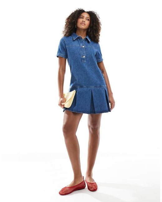 ASOS Denim Shirt Dress With Dropped Waist Pleated Panel in Blue | Lyst UK