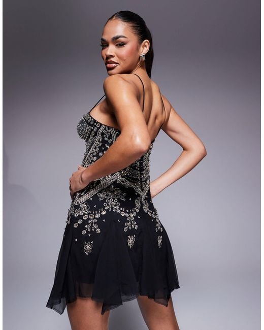 ASOS Embellished Cami Mini Dress With Flippy Hem in Blue | Lyst