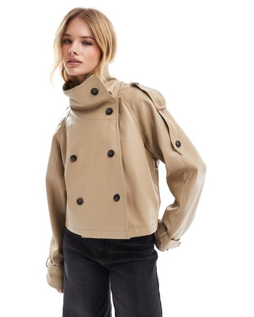 ASOS Funnel Neck Leather Look Short Trench Coat in White | Lyst