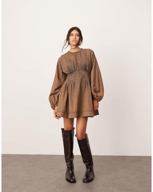 ASOS Denim Pleat Waist Mini Dress With Balloon Sleeve in Brown | Lyst