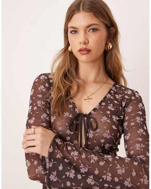 ASOS Floral Flocked Sheer Tie Front Top in Brown | Lyst