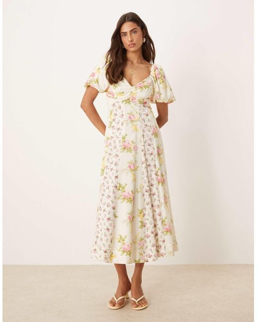 Nobody's Child Peony Milkmaid Midi Dress in Natural | Lyst