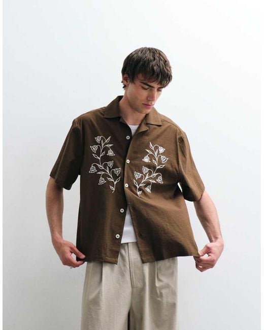 ASOS COLLECTIVE Relaxed Fit Cotton-linen Blend Embroidered Shirt in ...