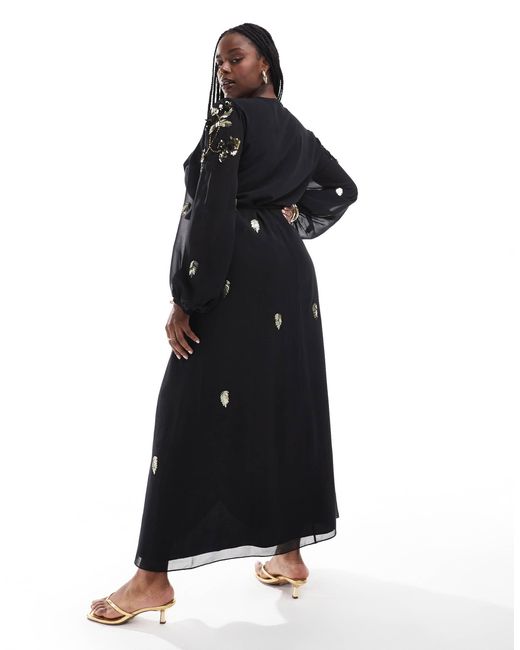 Hope & Ivy Plus Wrap Front Maxi Dress With Gold Embellishment in Black ...