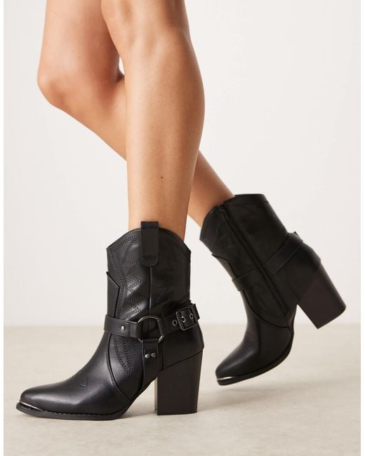 Glamorous Western Heeled Ankle Boots in Black | Lyst
