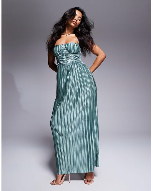 ASOS Metallic Plisse Cupped Ruched Detail Maxi Dress in Blue | Lyst