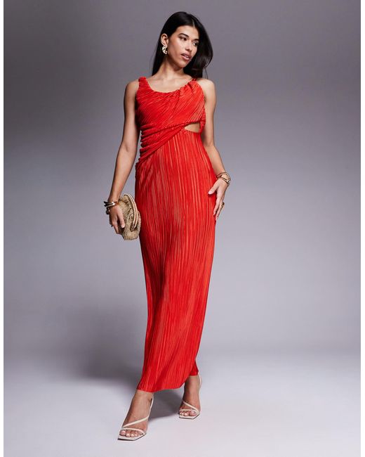 ASOS Plunge Drape Plisse Maxi Dress in Red | Lyst