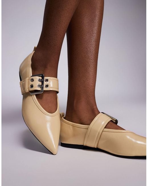 River Island Pointed Buckle Detail Ballet Shoe in White | Lyst