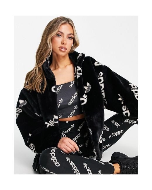 adidas Originals 'logomania' Repeat Logo Faux Fur Jacket in Black - Lyst