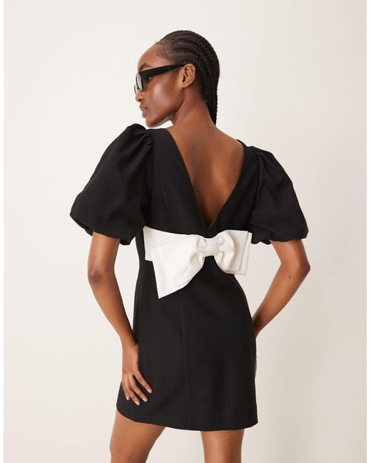 EVER NEW Bow Back Puff Sleeve Mini Dress in Black | Lyst