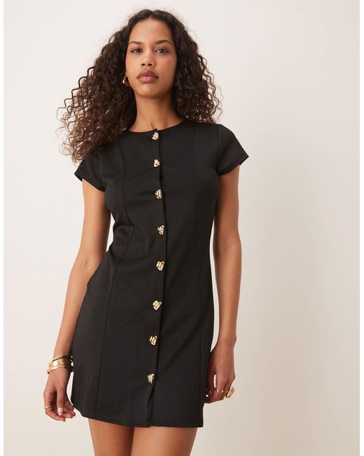 ASOS Short Sleeve Seam Button Detail Mini Dress in Black | Lyst