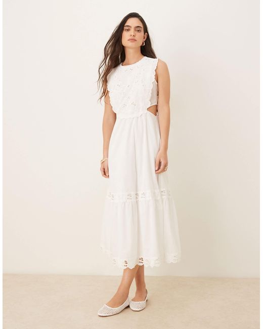 Mango Embroidered Midi Dress With Cut Out Side Detail in Natural | Lyst