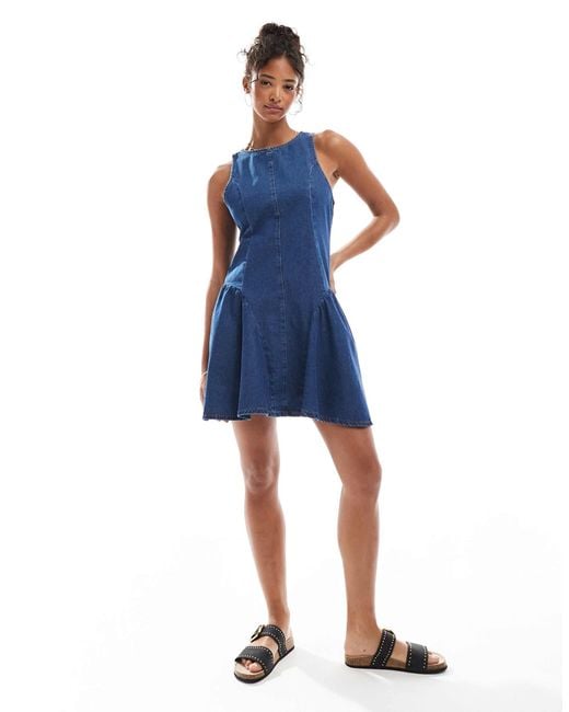 ASOS Denim Mini Dress With Gathered Hip Panels in Blue | Lyst